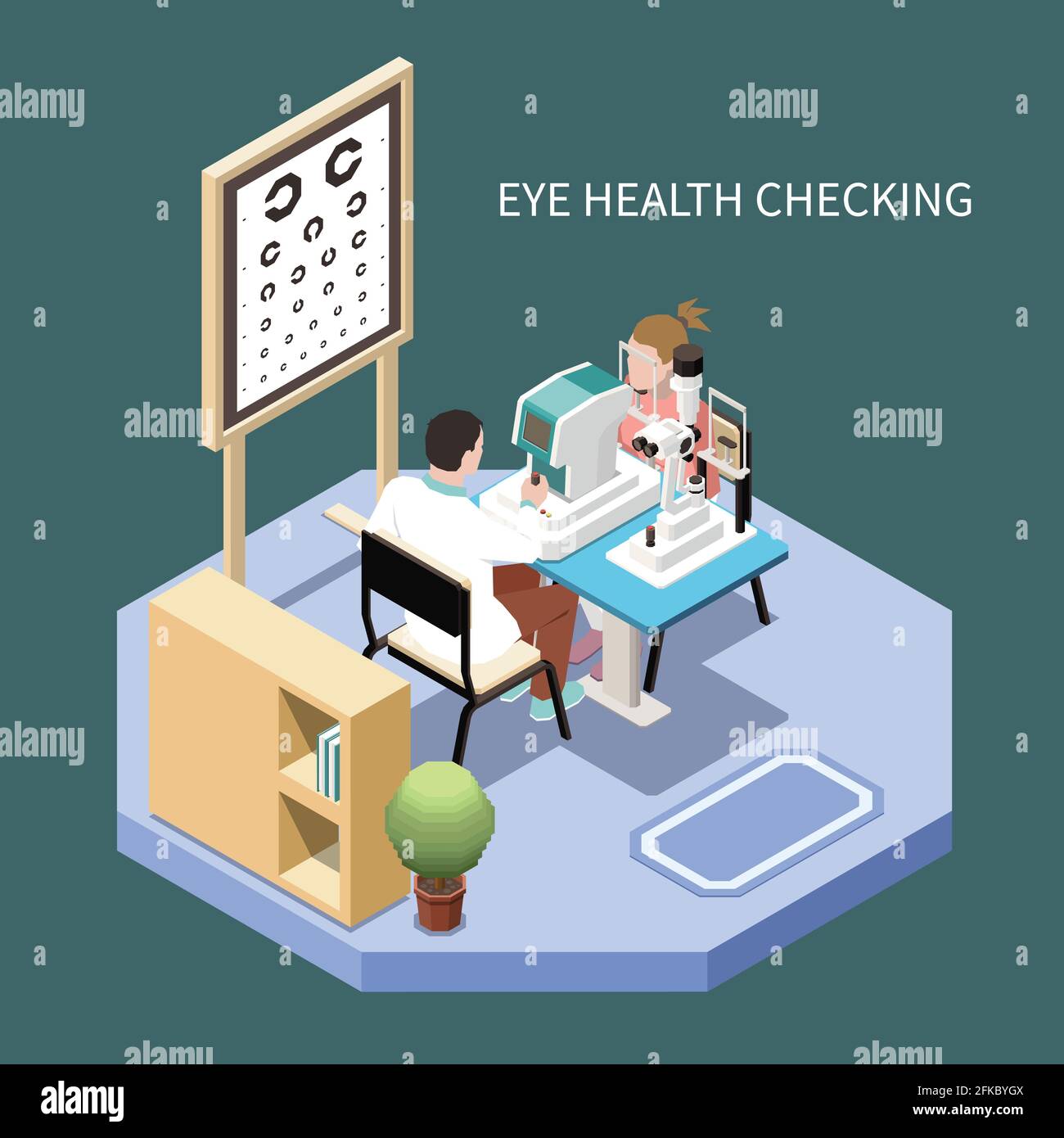 Woman checking eye health in ophthalmology office isometric composition ...