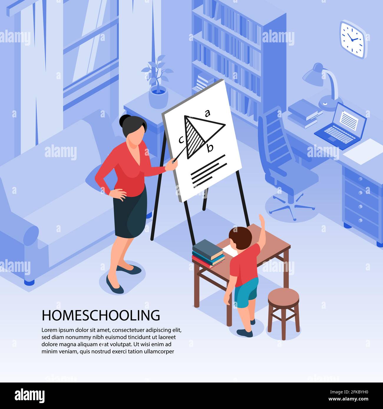 Isometric family homeschooling background with indoor home interior and ...