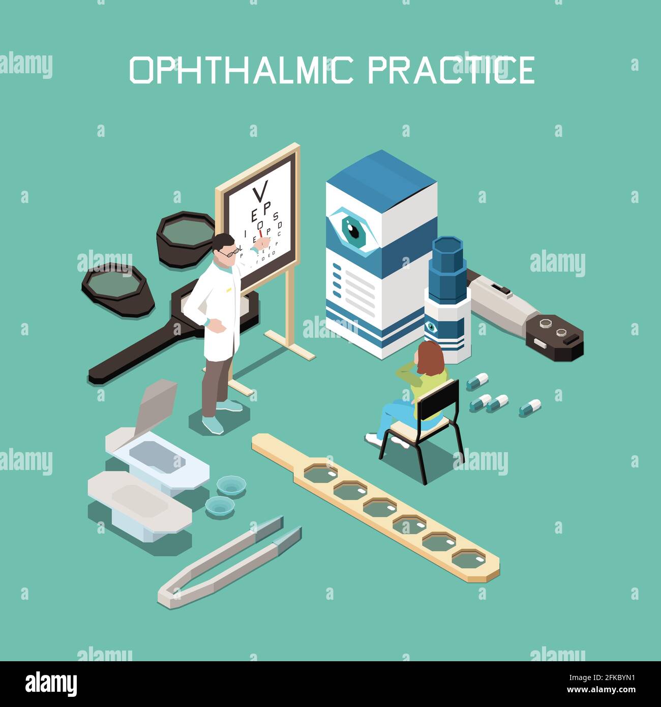 Ophthalmology instruments and medicine isometric composition with ... Ophthalmology instruments and medicine isometric composition with ...