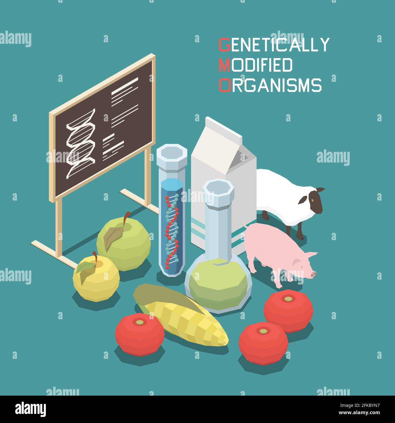 Genetics isometric concept with genetically modified food and animals ...