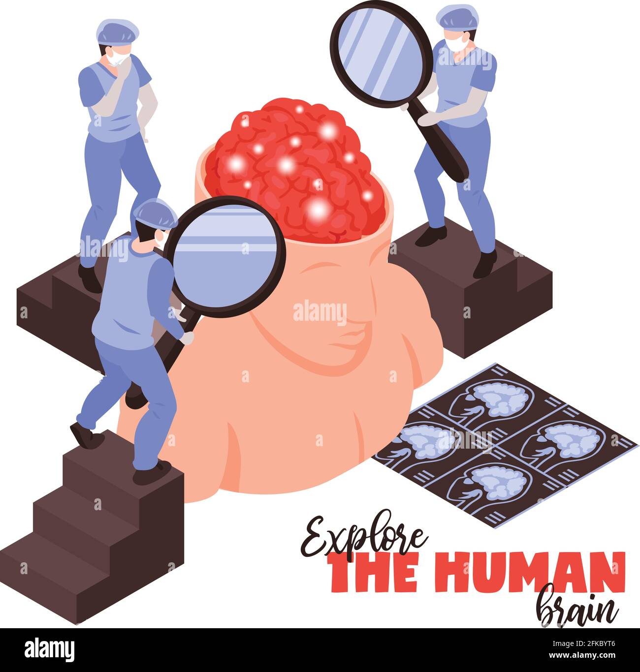 Neurologists with magnifying glasses research human brain anatomy ...