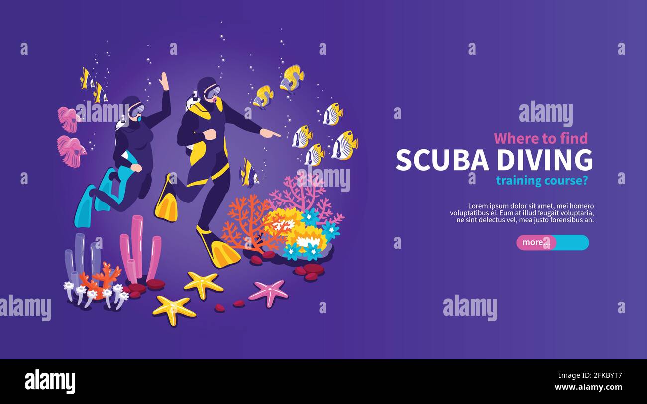 Scuba diving training isometric horizontal web page banner with ...
