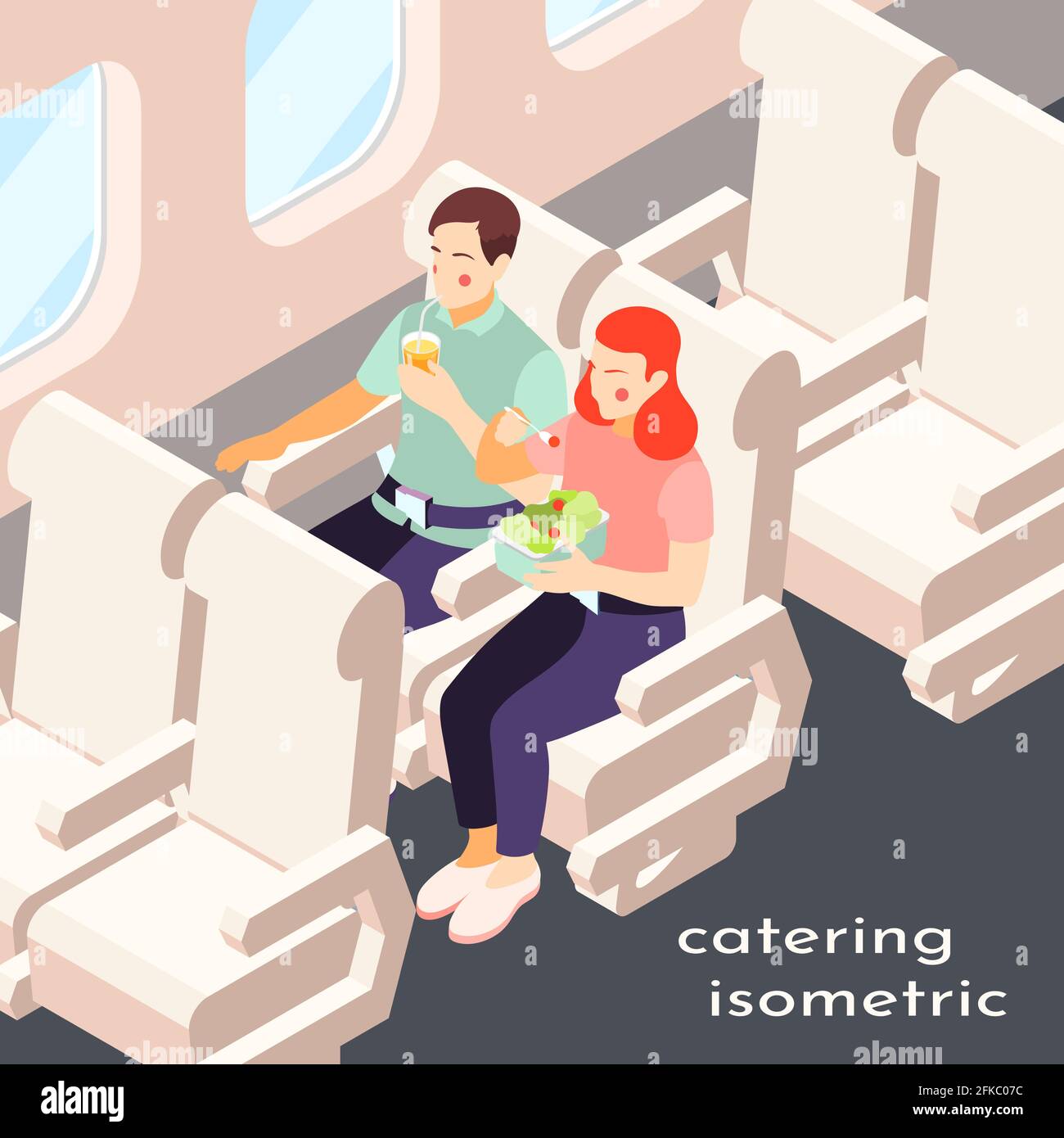 Catering in plane isometric composition with fast food and drinks ...