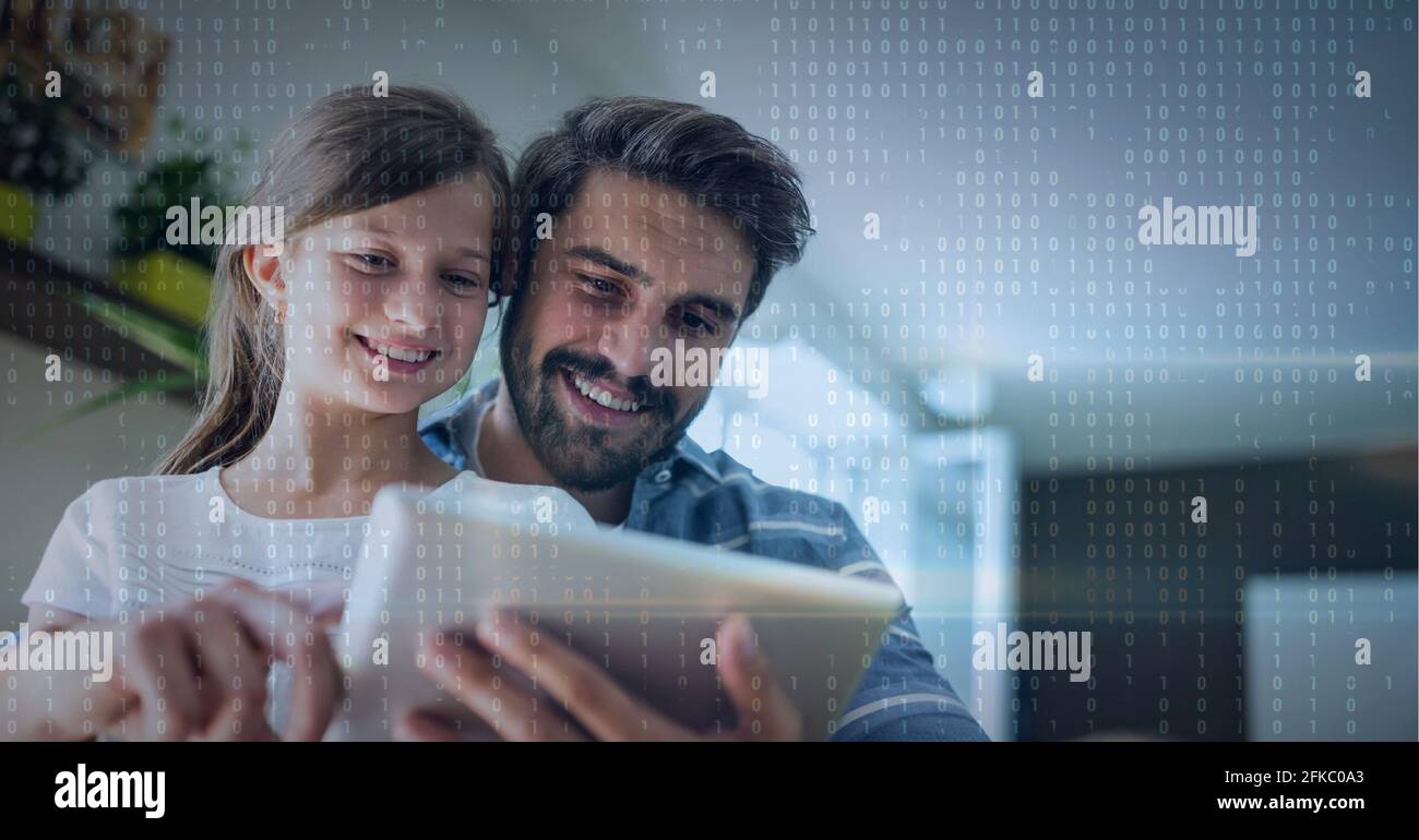 Binar code pattern over father and daughter smiling using tablet Stock ...