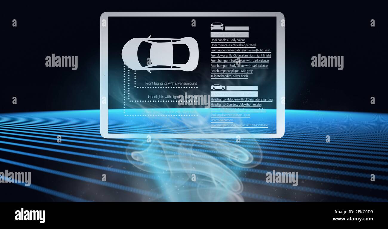 Composition of car drawing with data processing on screen over blue and ...