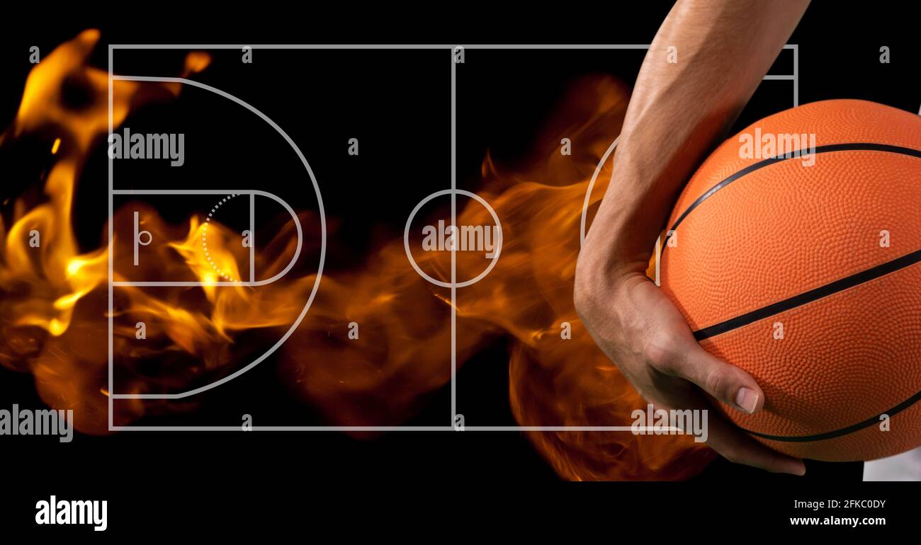 Composition of midsection of basketball player holding basketball over ...