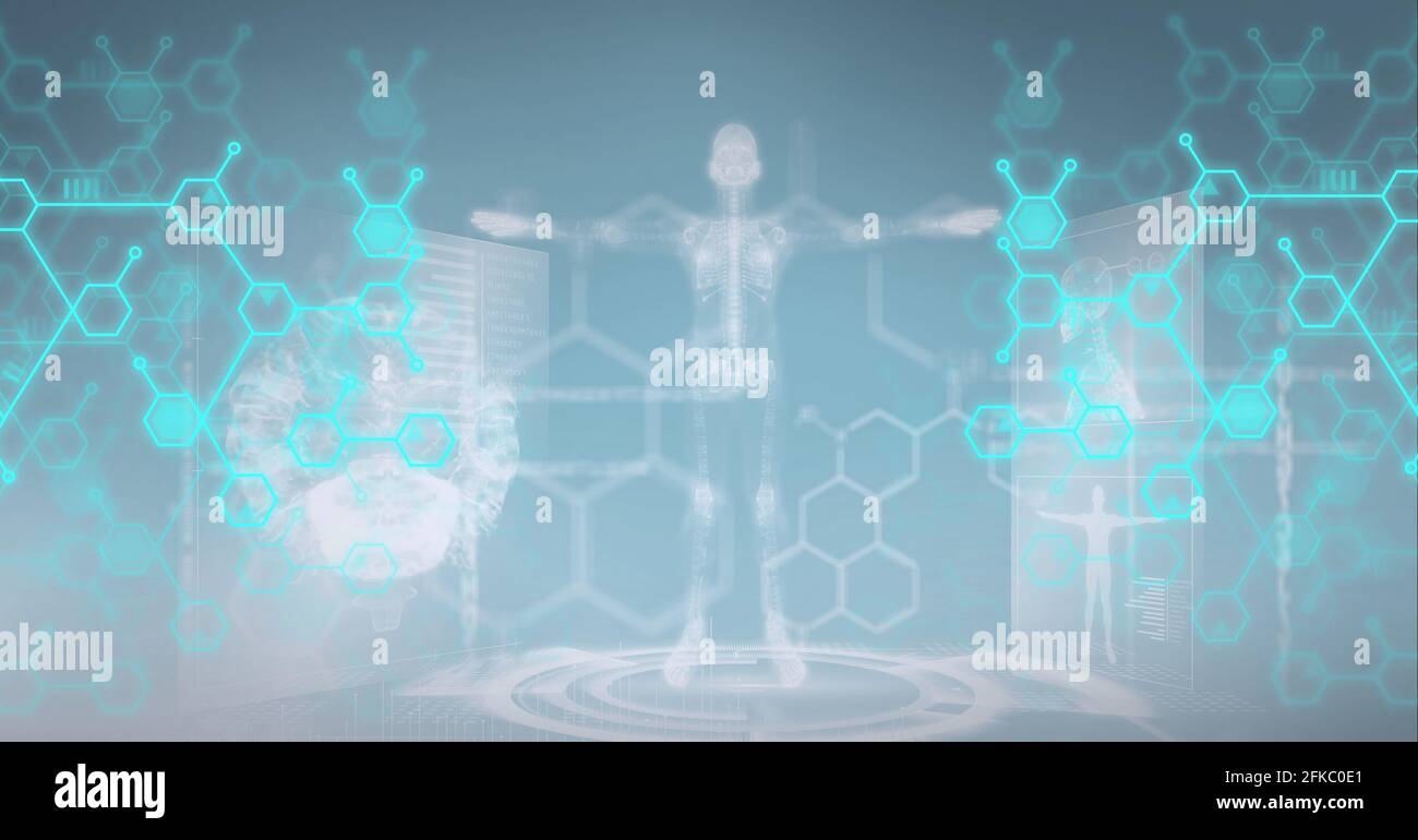 Composition of chemical compounds and human skeleton on blue background ...