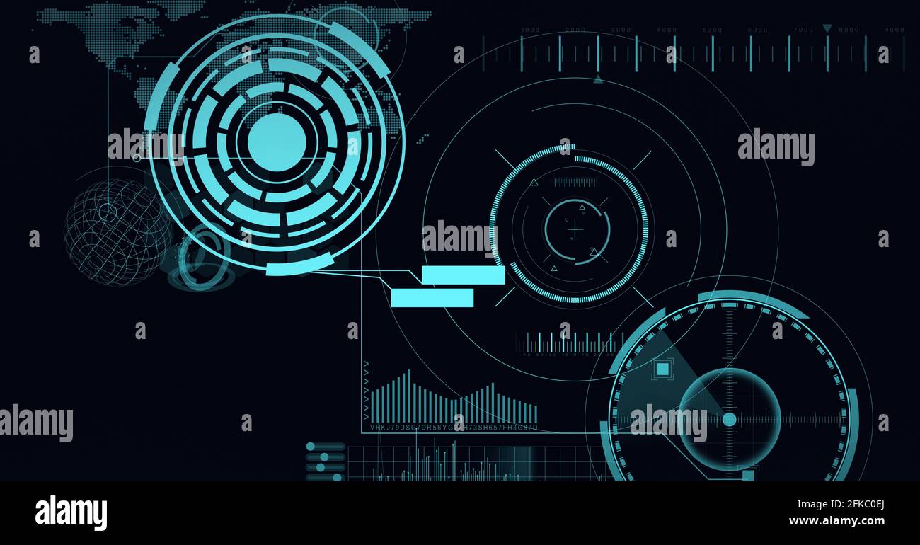 Composition of scopes scanning and data processing with world map over black background Stock ...