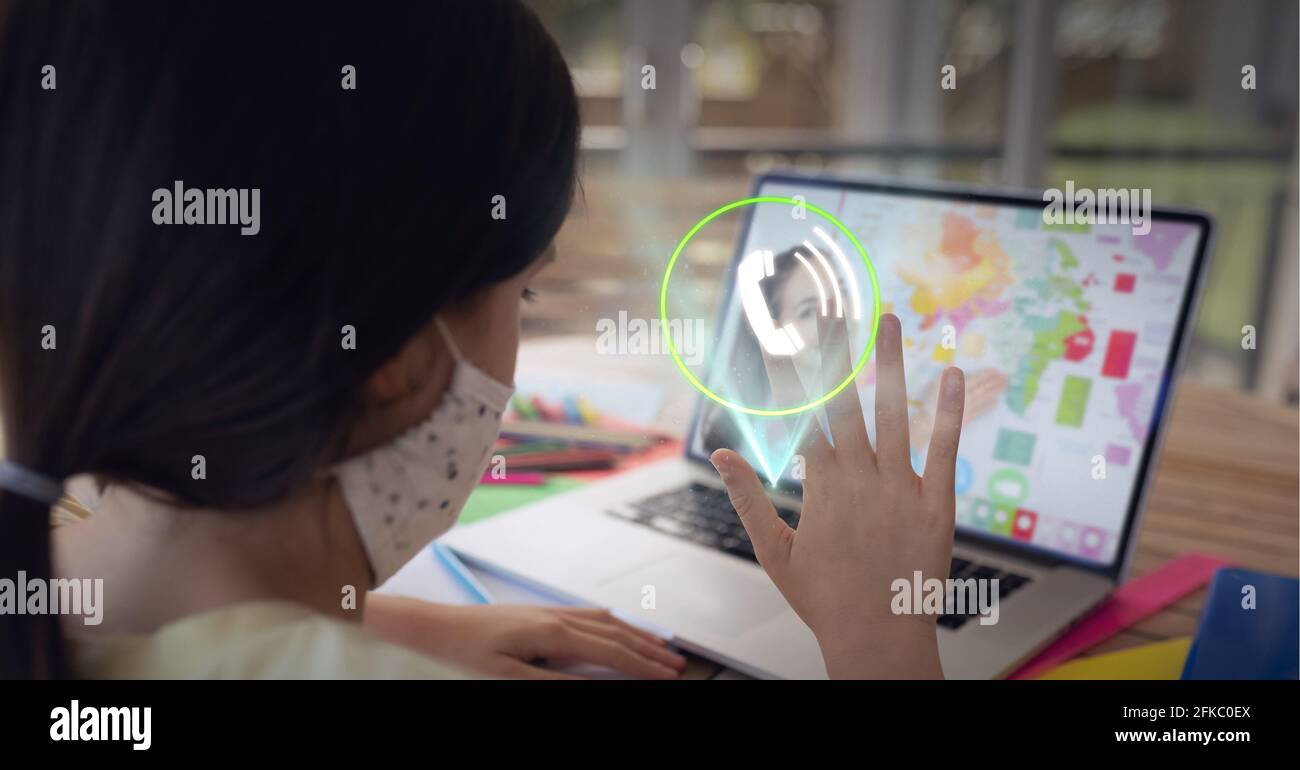 Composition of digital interface with call icon with girl in face mask ...