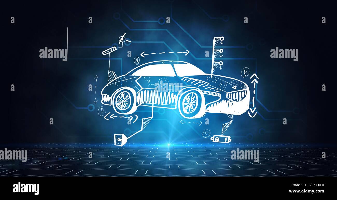Composition of car drawing with computer circuit board elements on blue ...