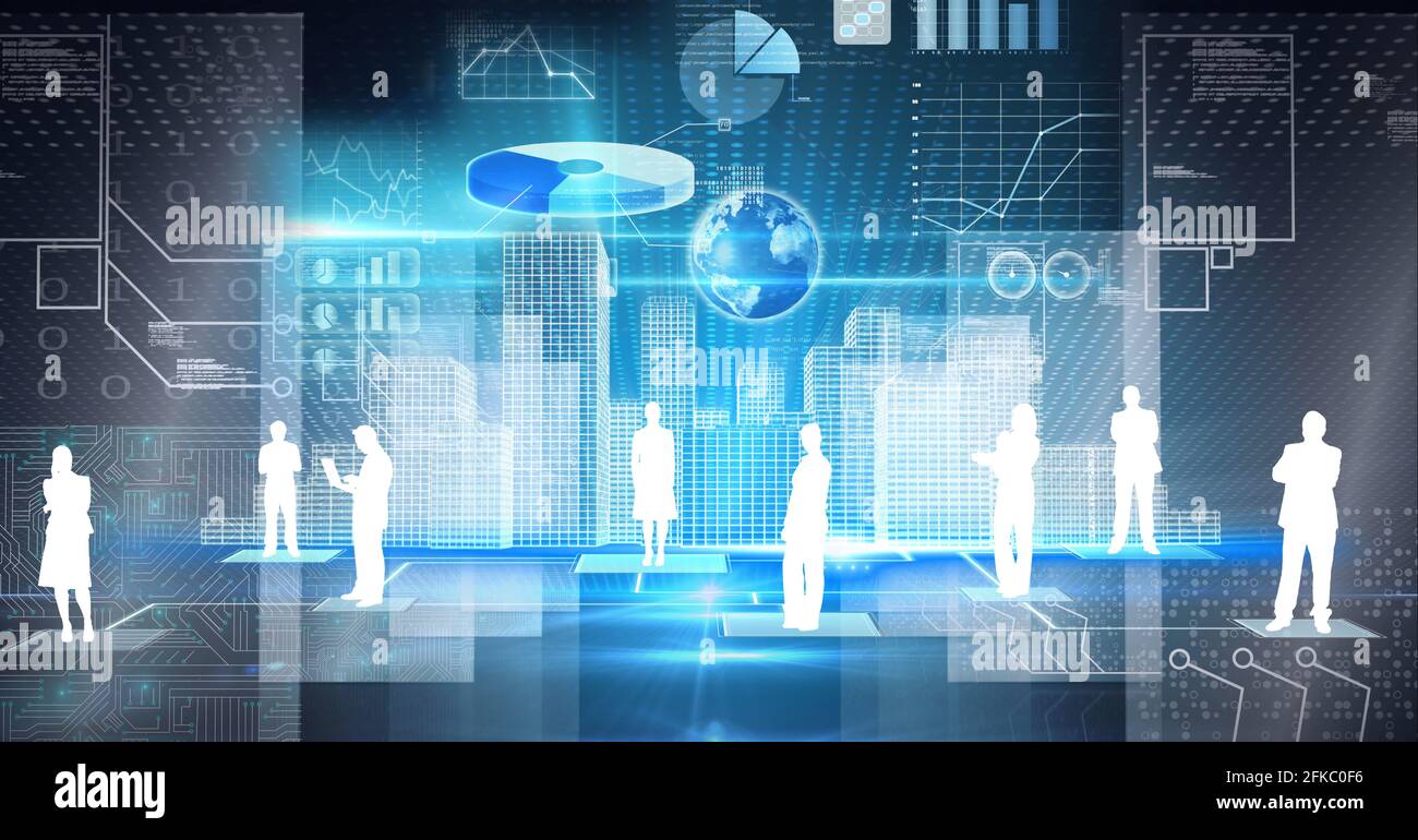 Composition of people silhouettes and data processing on screen over ...