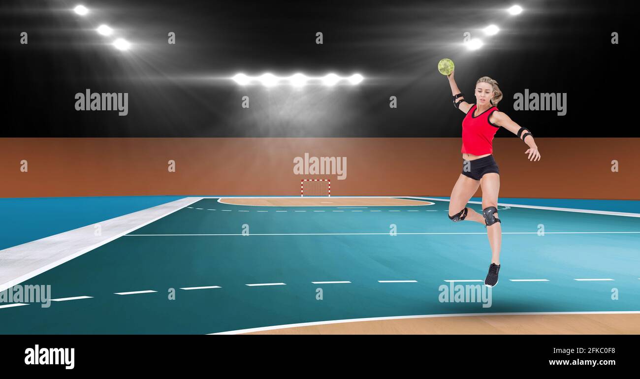 Composition of female handball player in air throwing ball on handball ...