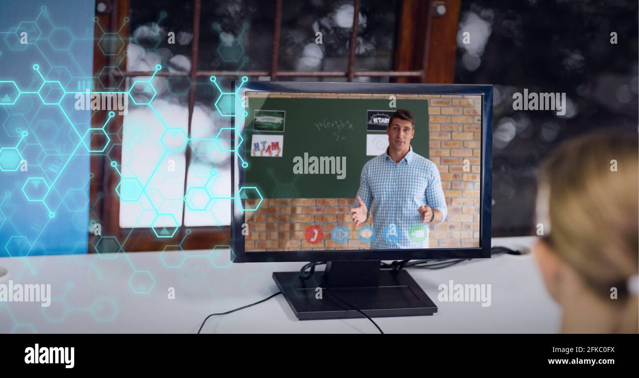 Composition of science icons over male teacher and female student on ...