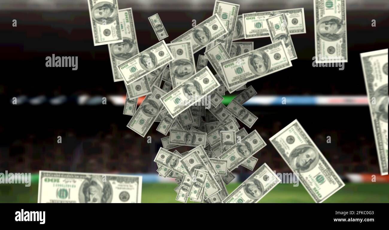 Composition of american dollar bills over sports stadium Stock Photo ...