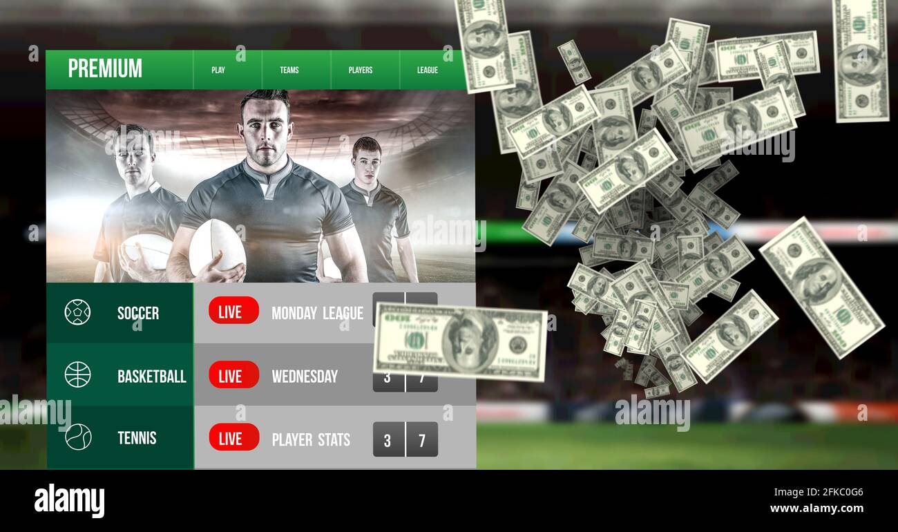 Composition of american dollar bills over sports channels displayed on ...