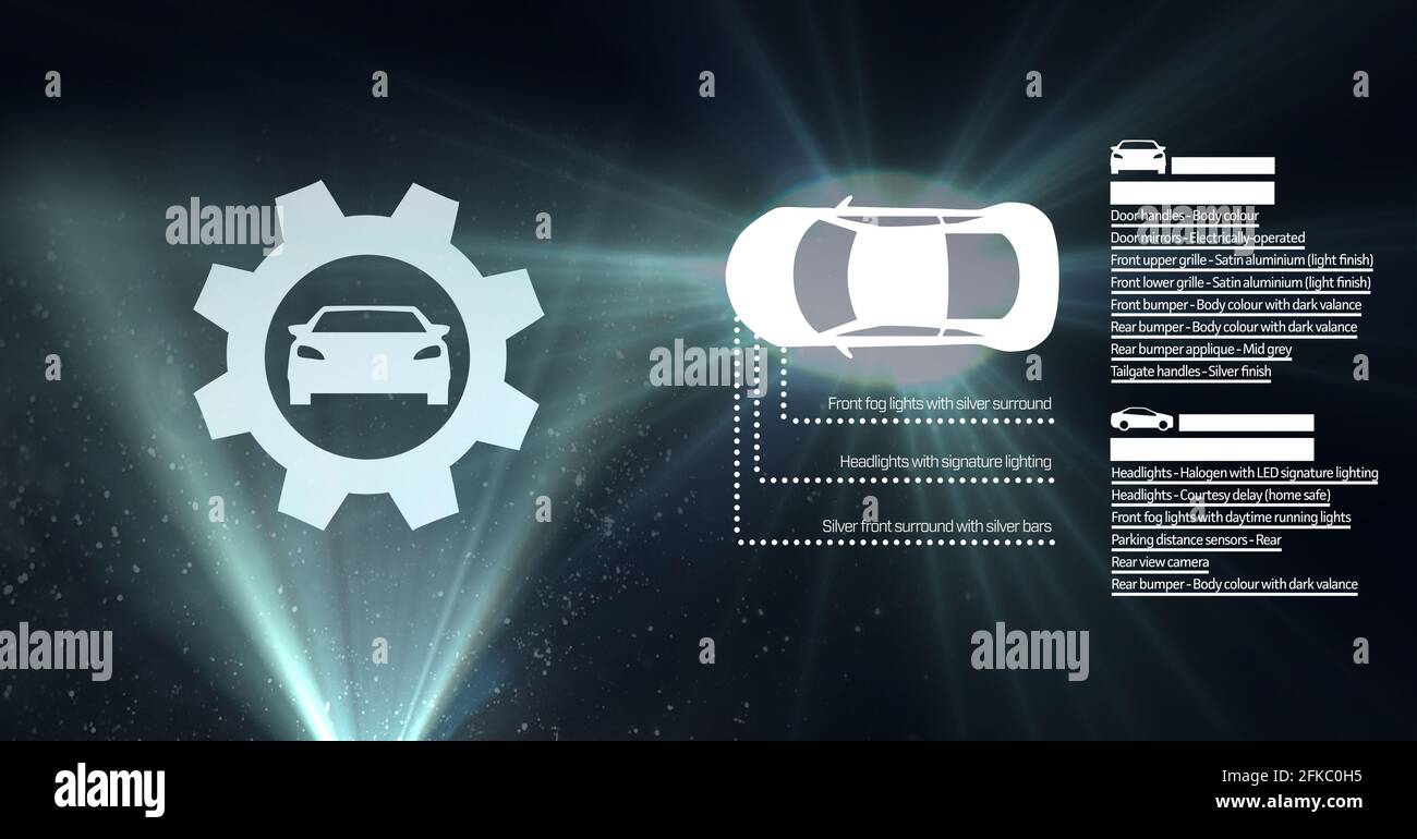 Composition of white car drawing in cog and data processing on glowing ...