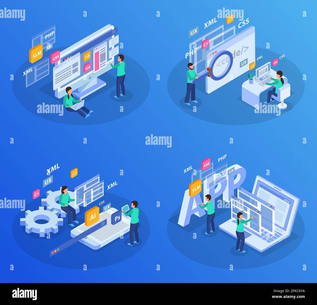 Web development isometric colored concept developers at the workplace ...