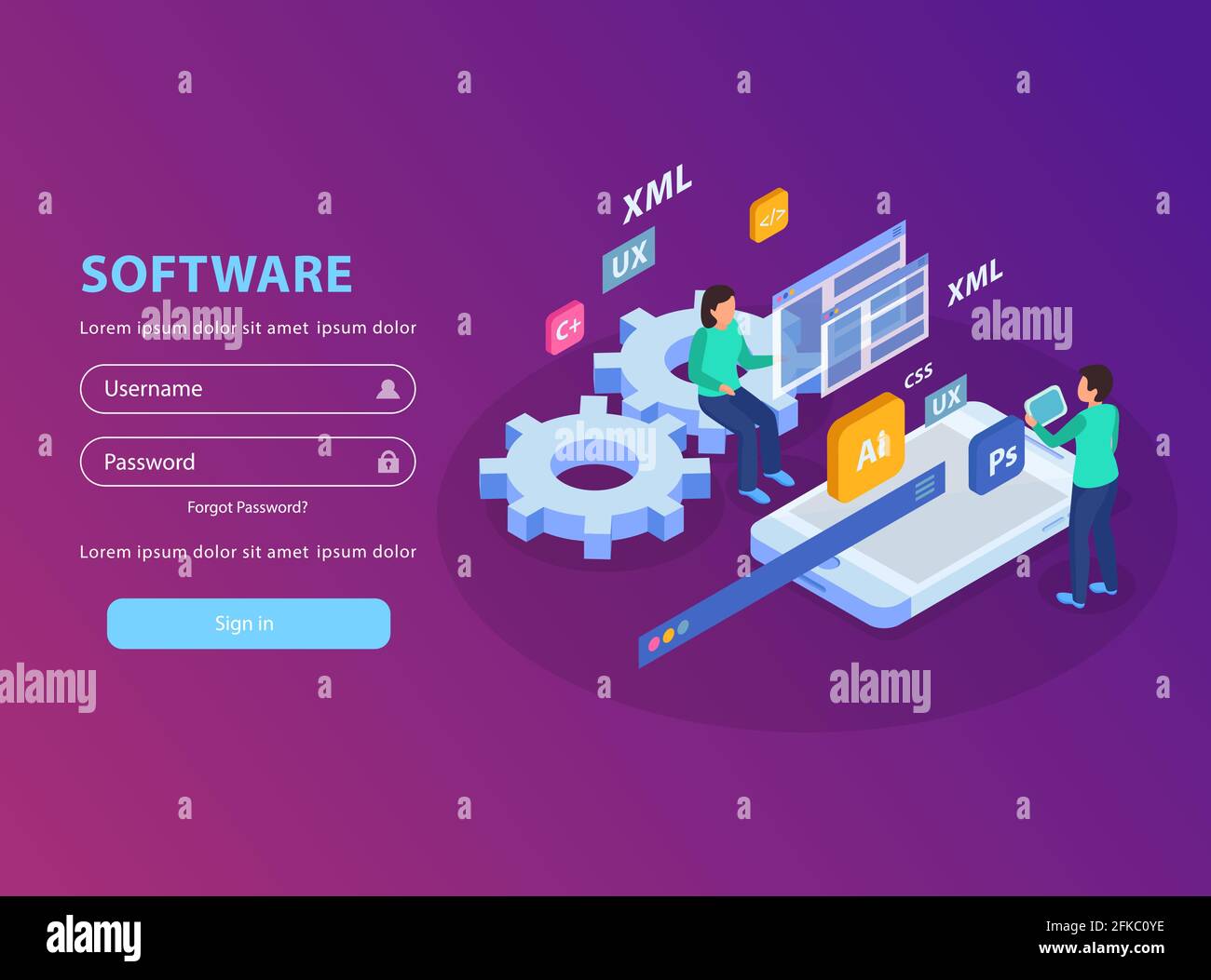 Web development isometric concept background login page design with ...