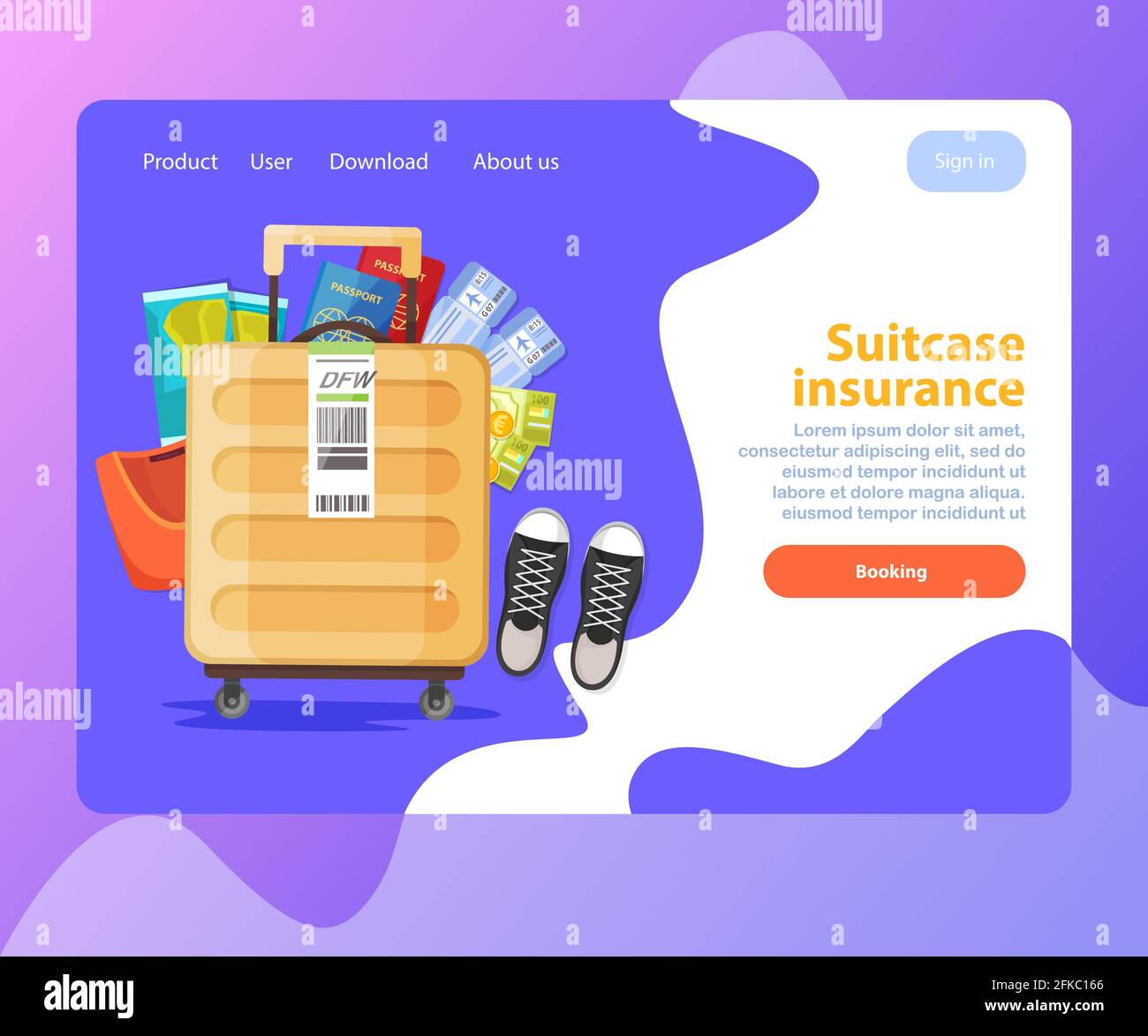 Suitcase insurance website landing page background with flat images and ...