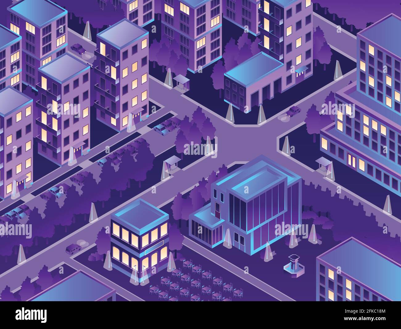 Colored and isometric urban night illustration with night lights in the ...