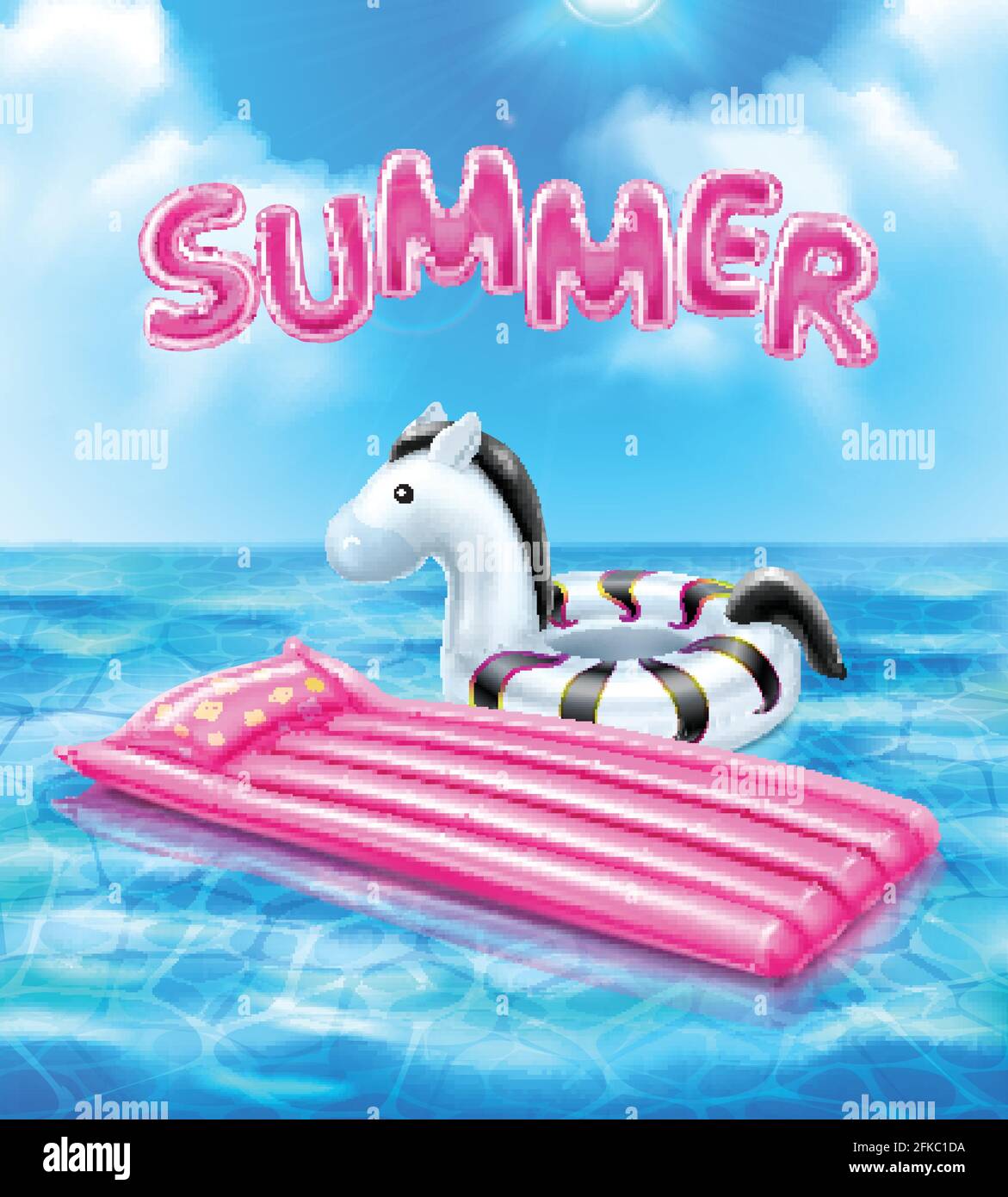 Summer realistic blue poster with inflatable swimming life raft for ...