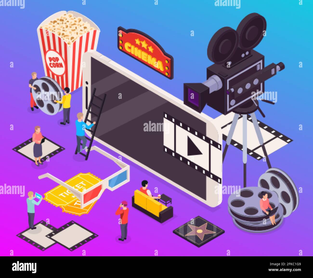 Isometric cinema composition with small characters of people and images ...