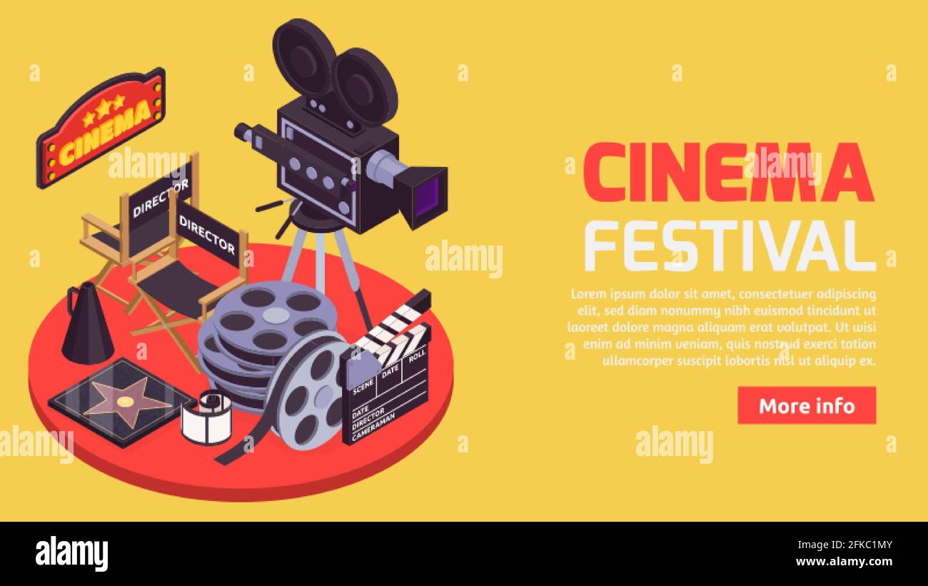 Cinema horizontal banner with isometric images of professional movie ...