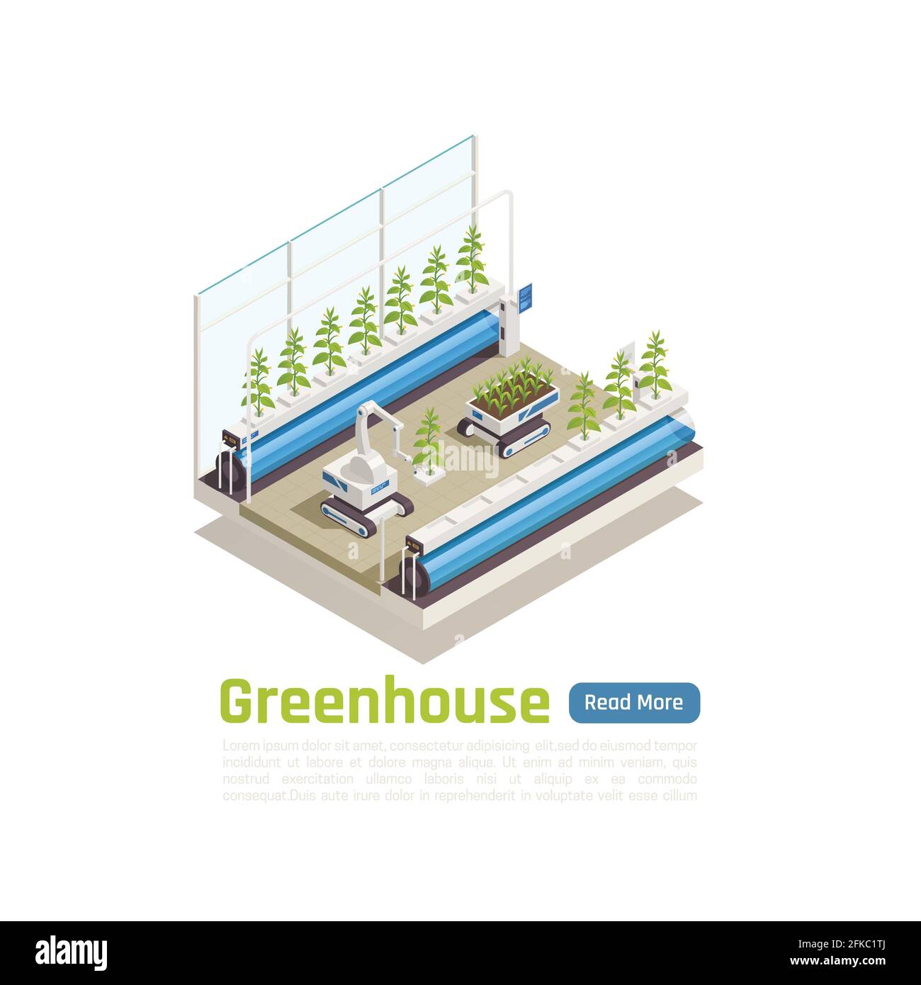 Modern hydroponic greenhouse gardening isometric composition with ...
