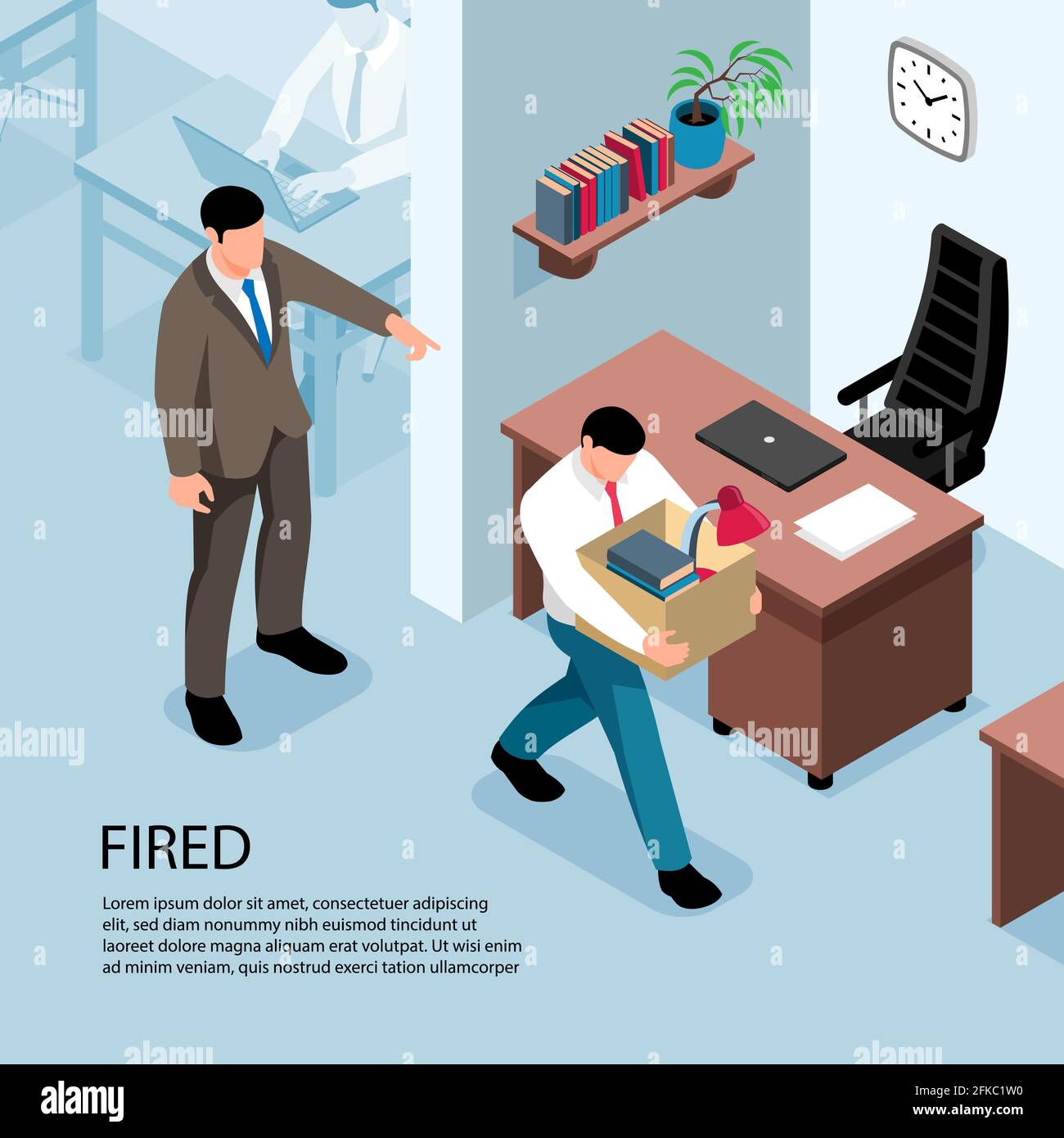 Fired isometric background with boss expelling from work dismissed ...