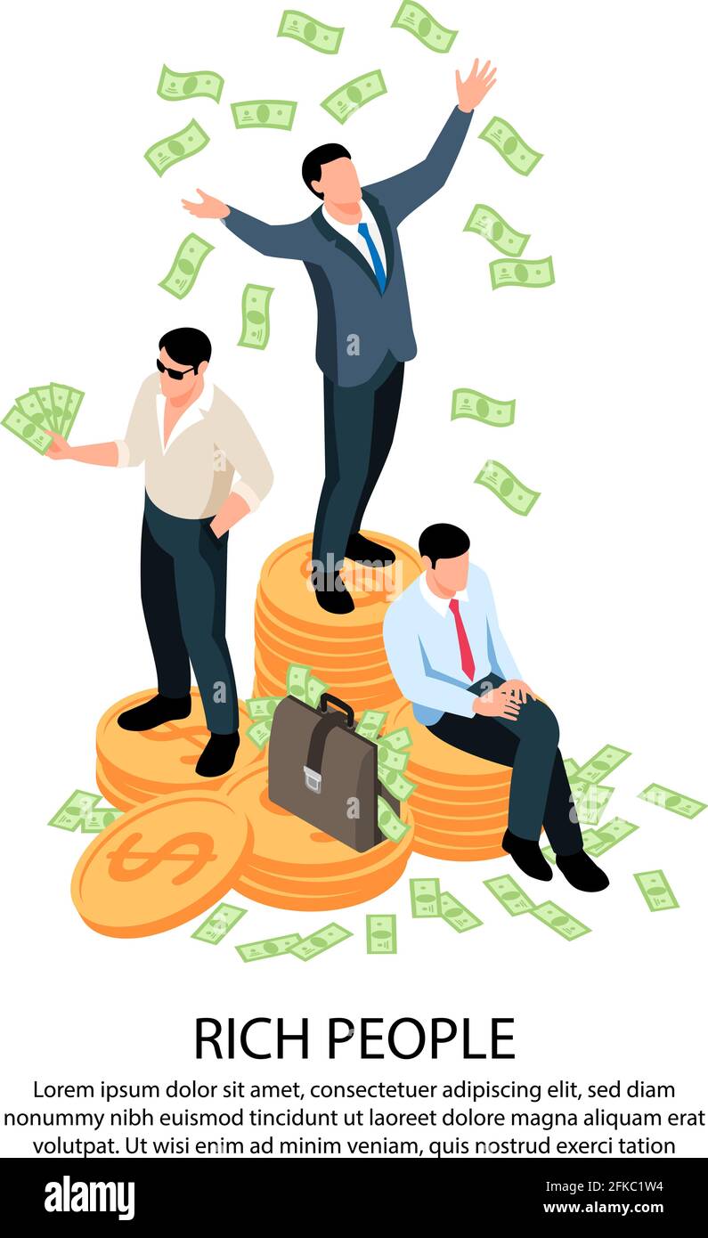 Rich people isometric composition with three businessmen standing on ...