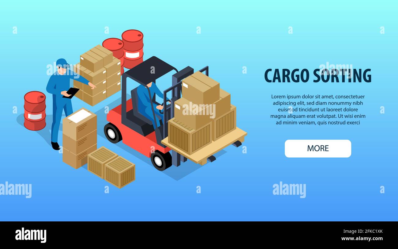 Cargo sorting horizontal banner with workers loading boxes and kegs with goods on forklift ...