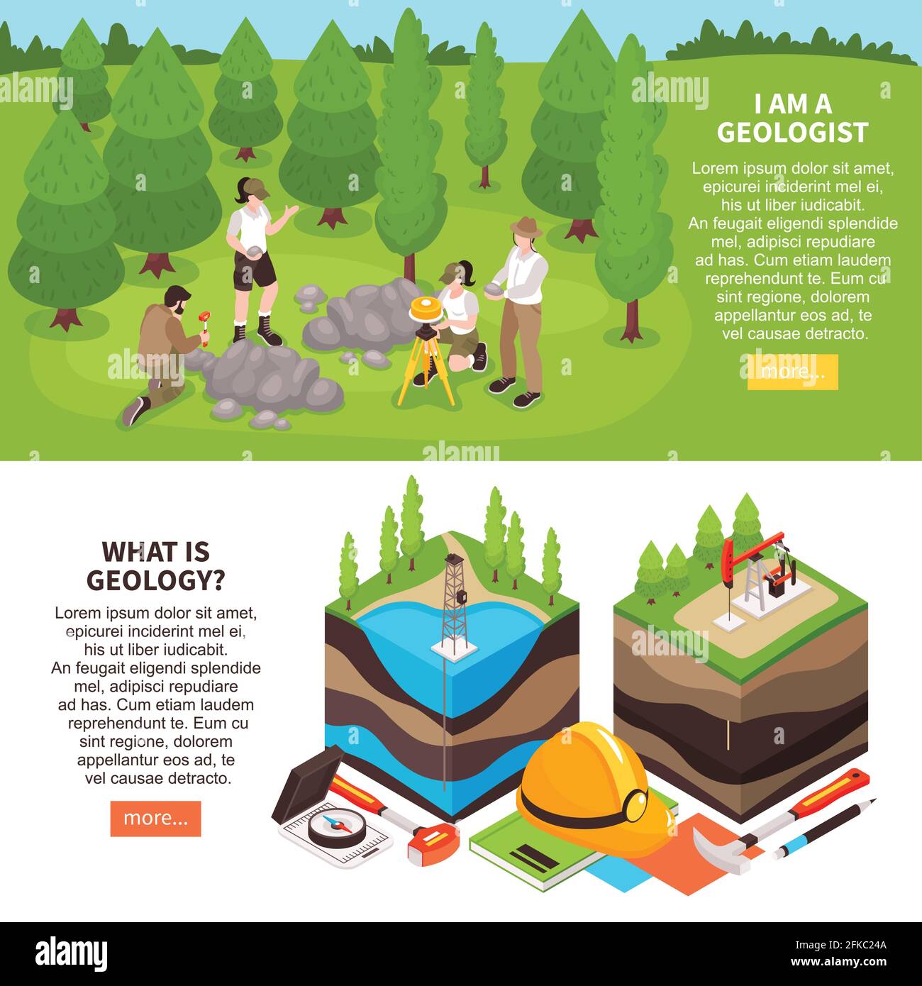 Isometric geology horizontal banners collection with outdoor landscape ...