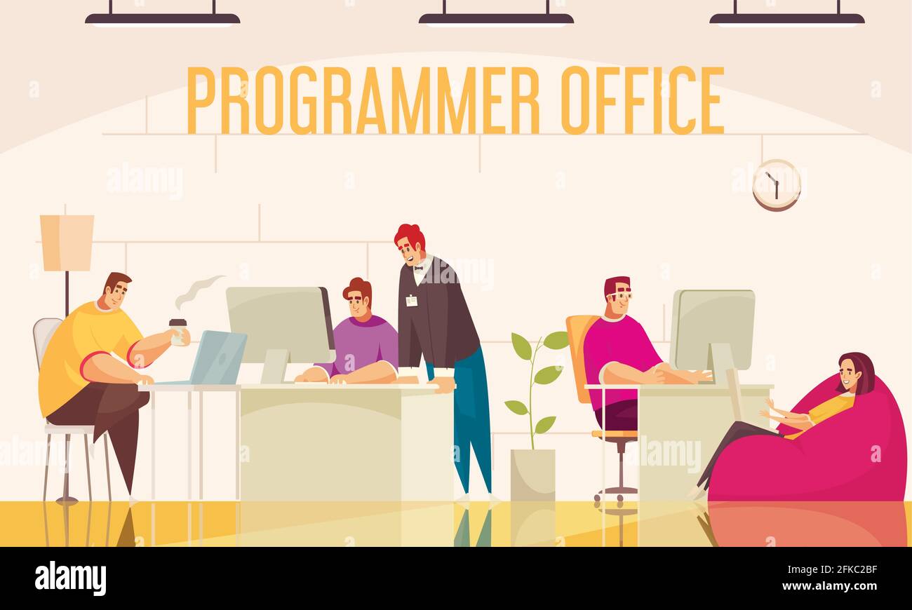 Programmer office background with working day symbols flat vector ...