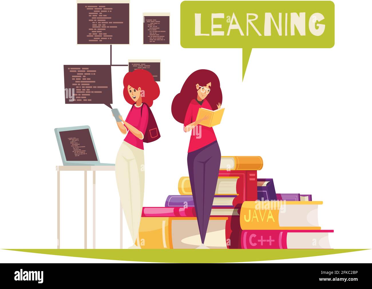 Programmer education concept with learning and reading symbols flat ...