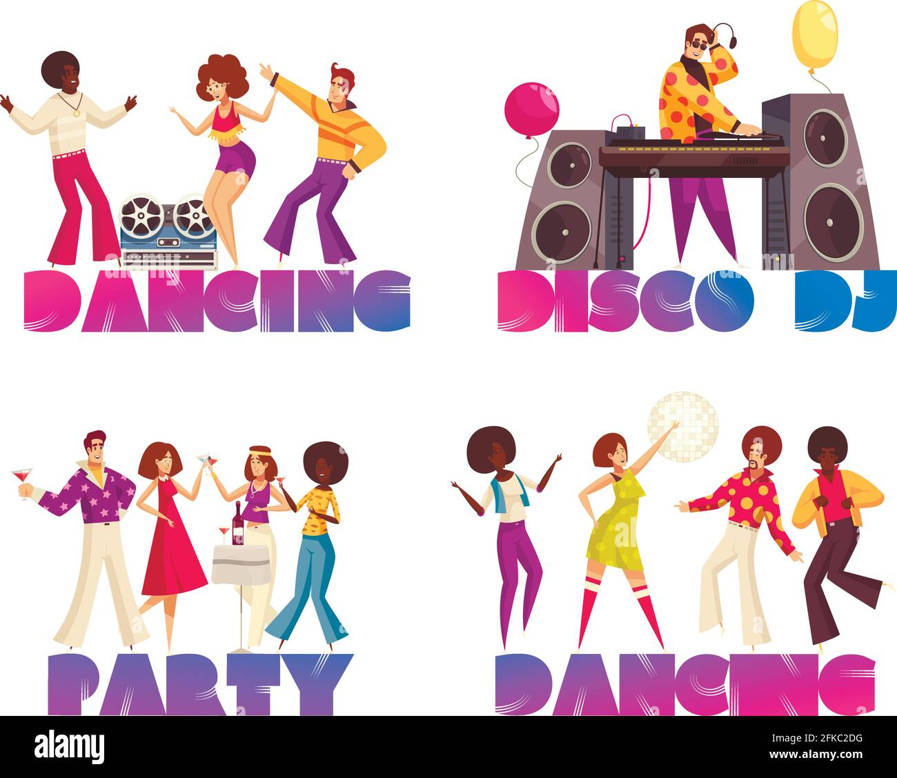 Disco party concept icons set with dancing symbols flat isolated vector ...