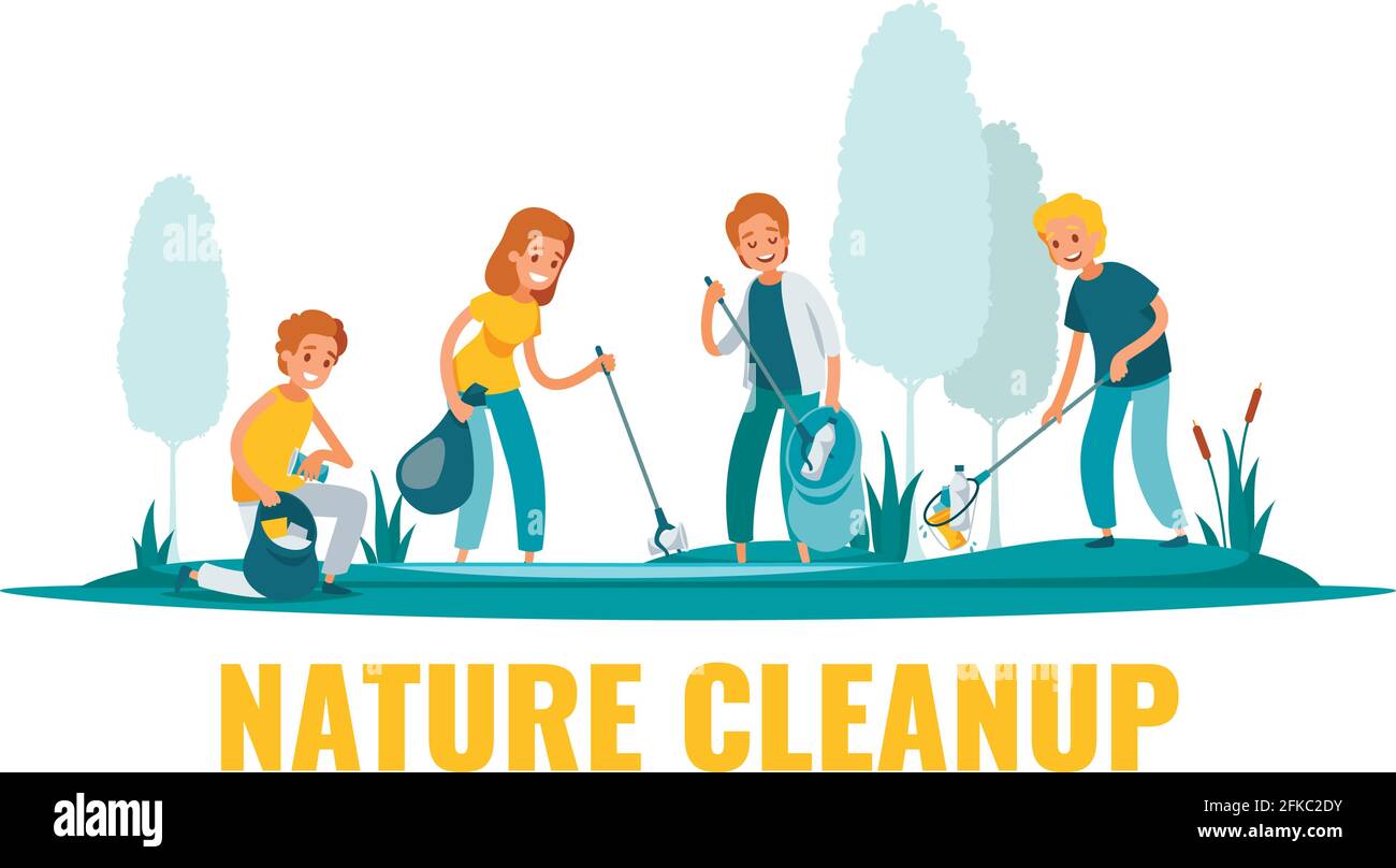 Nature cleanup flat composition with group volunteers picking up litter ...