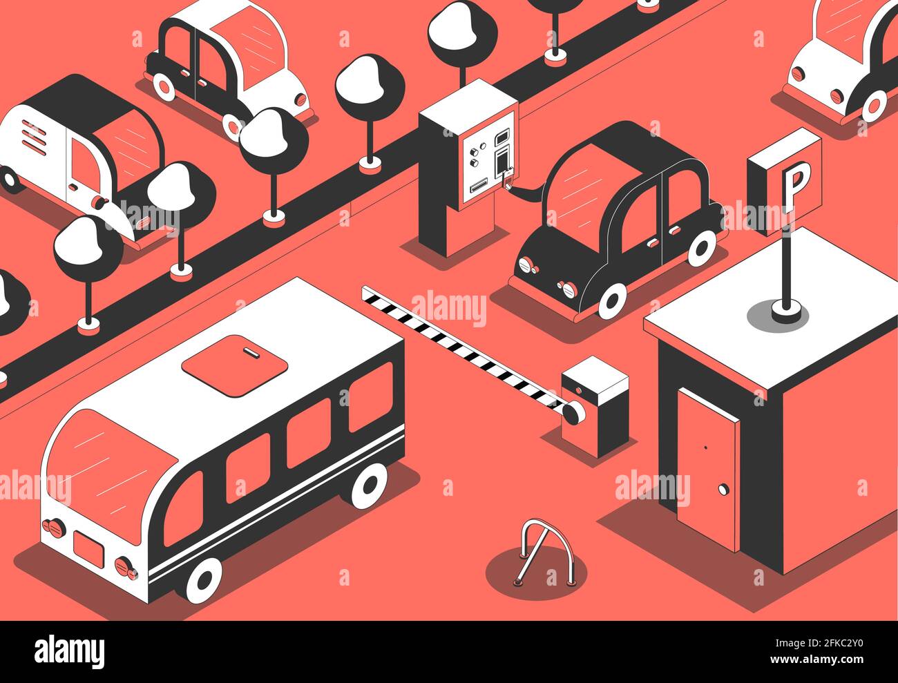 Parking entrance pay isometric composition with outdoor scenery toll ...