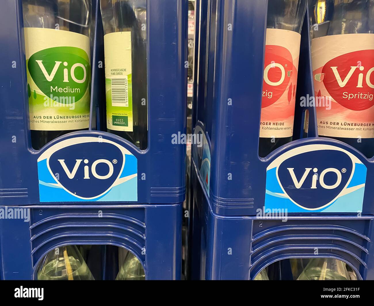Viersen, Germany - March 1. 2021: View on stack vio mineral water ...