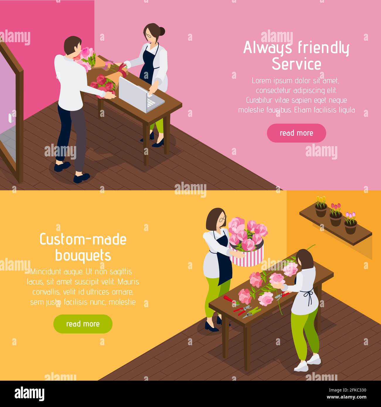 Flower shop horizontal banners with custom made bouquets and friendly ...