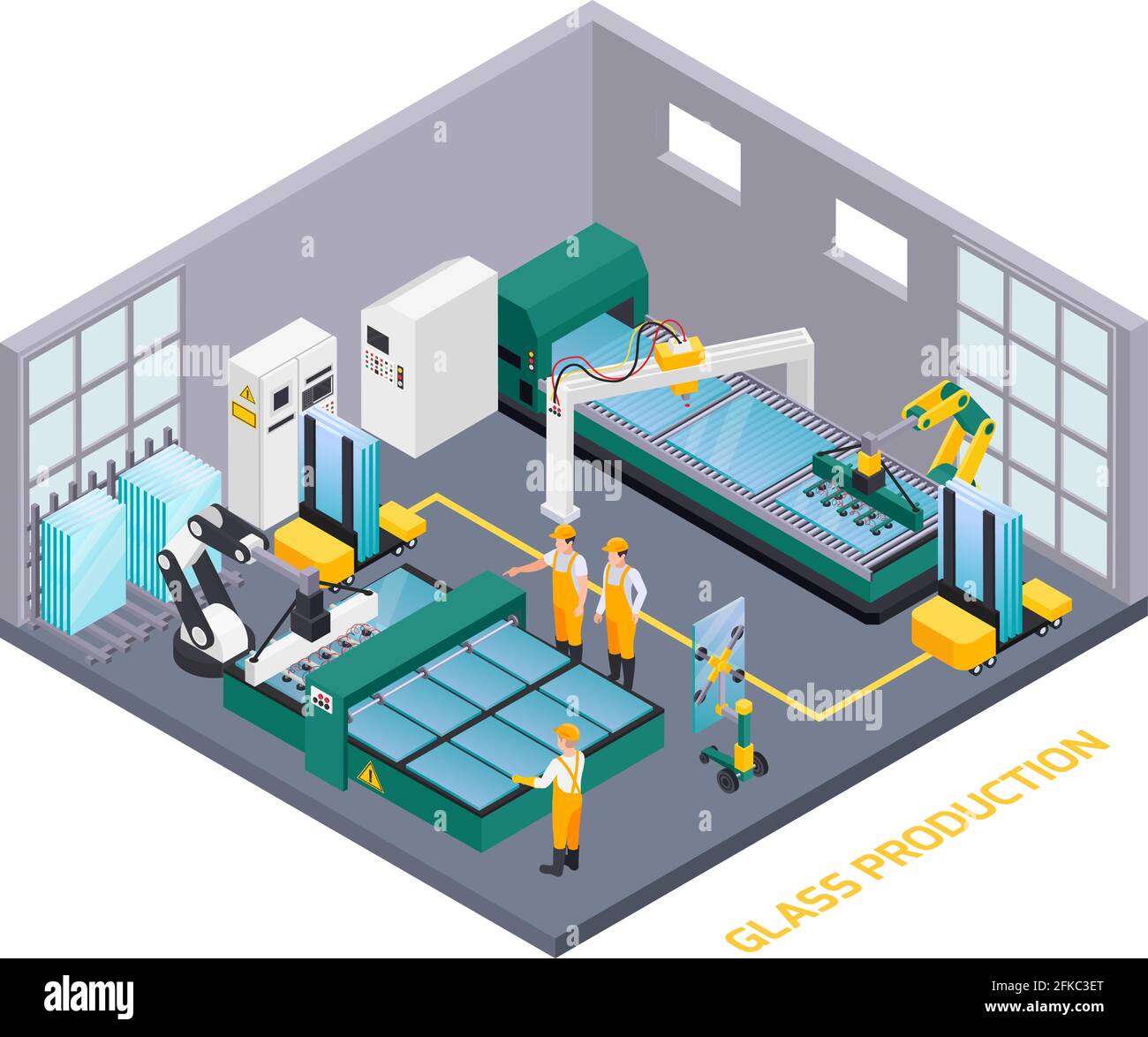 Glass production isometric composition with text and indoor view of ...