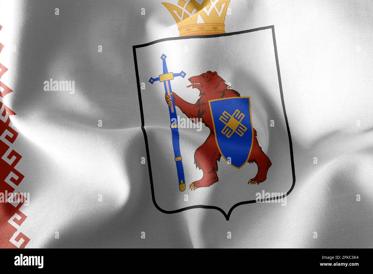 3D illustration flag of Mari El is a region of Russia. Waving on the ...