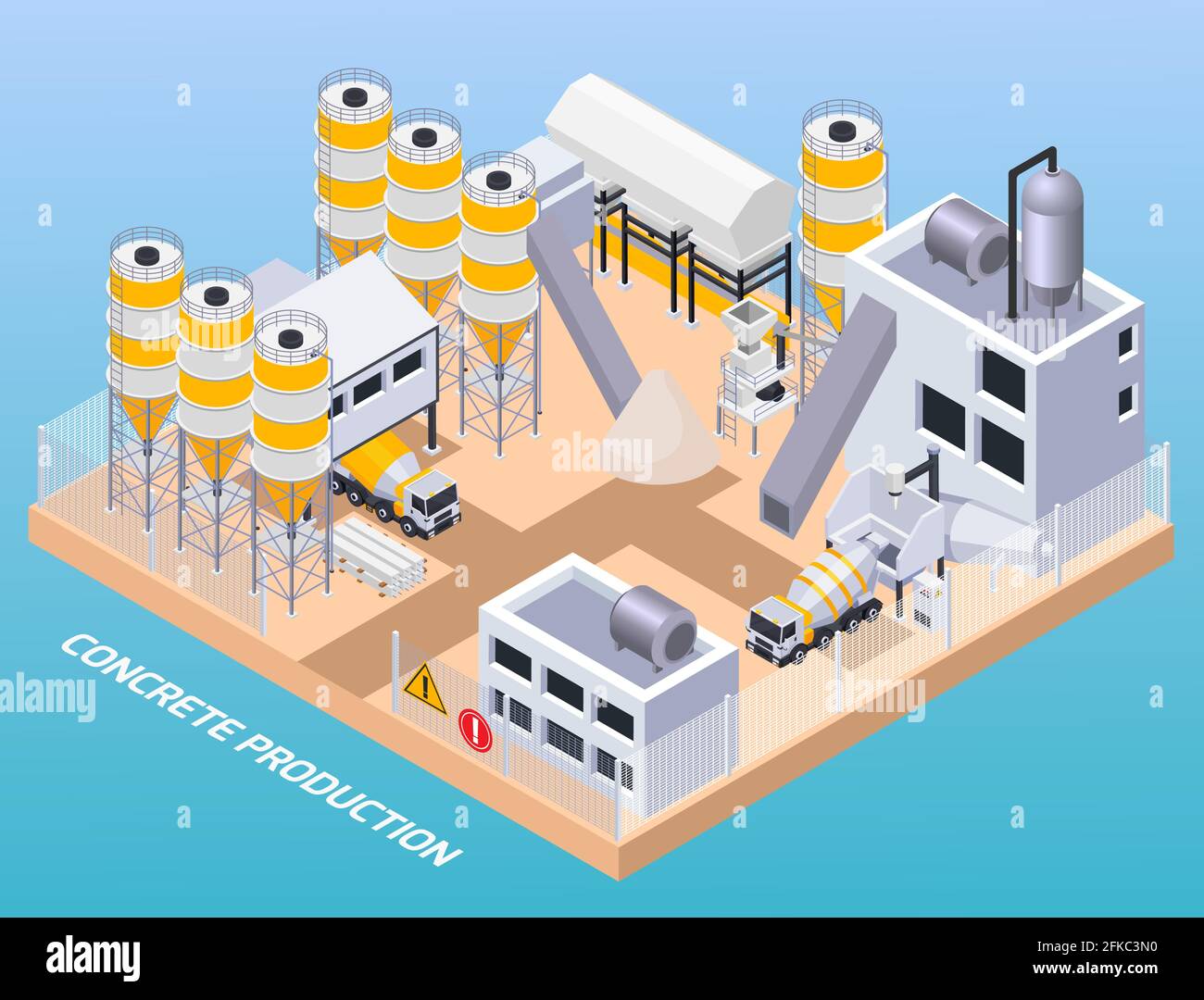 Concrete cement production isometric composition of text and above view ...