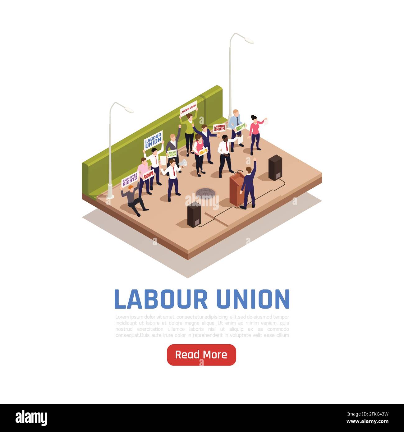 Labor union employees on strike giving speech holding banners fighting ...