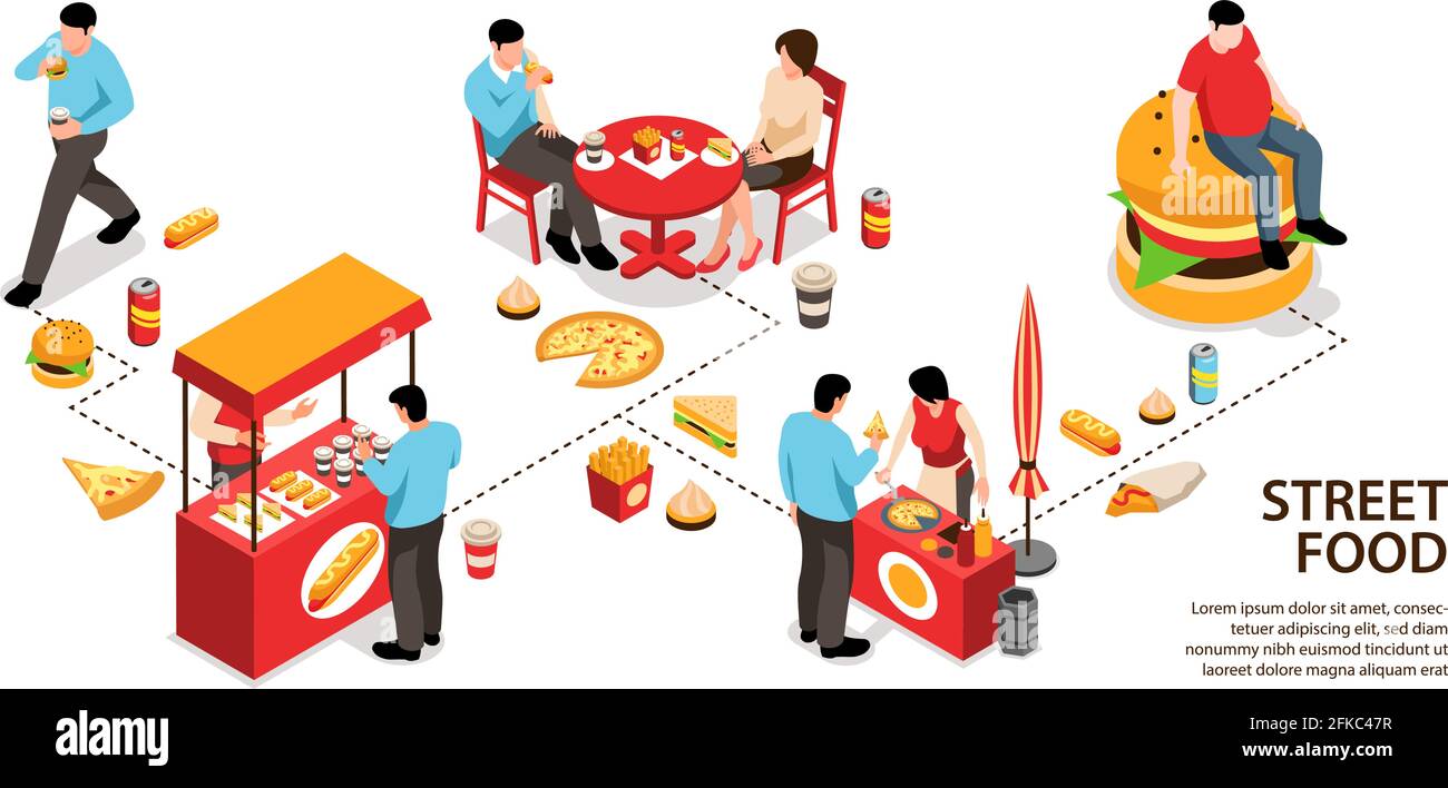 Isometric street food infographics with editable text and isolated food ...