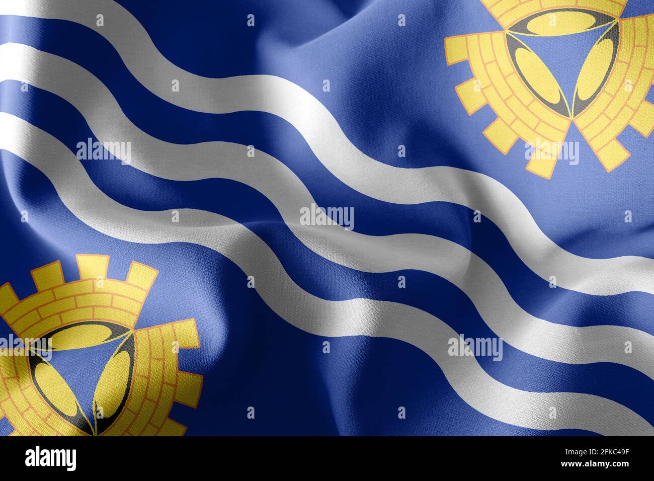 3D illustration flag of Merseyside is a county of England. Waving on ...