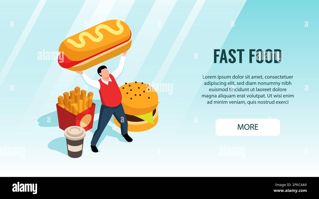 Isometric street food horizontal banner with more button editable text ...