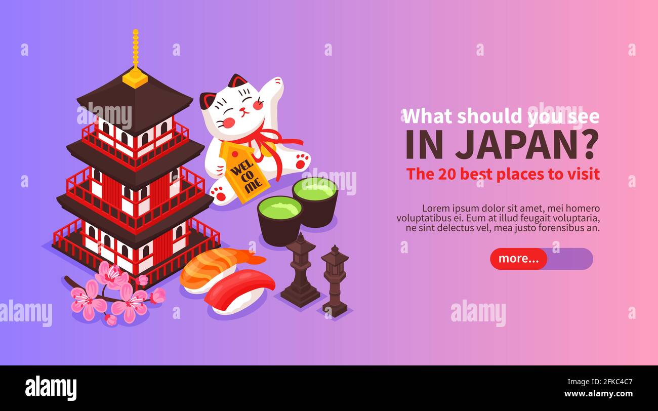 Isometric japan travel horizontal banner with images of japanese ...
