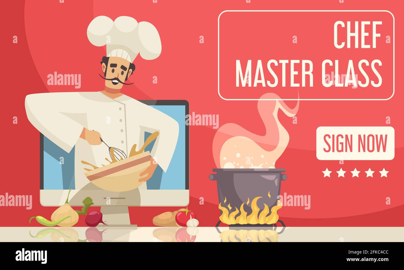 Chef master class poster with cooking workshop symbols flat vector ...