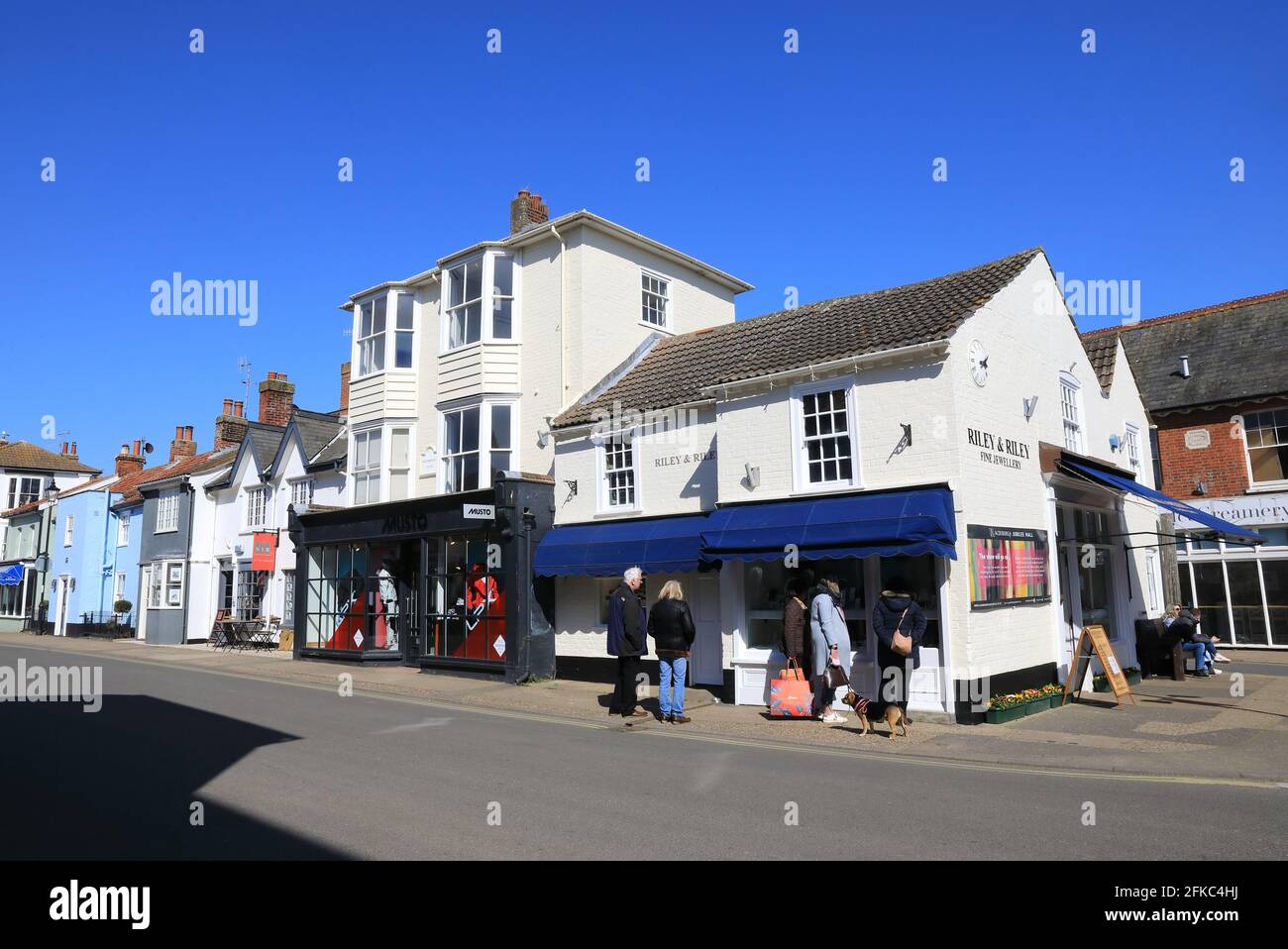The pretty High Street in coastal Aldeburgh, in East Anglia, Suffolk ...