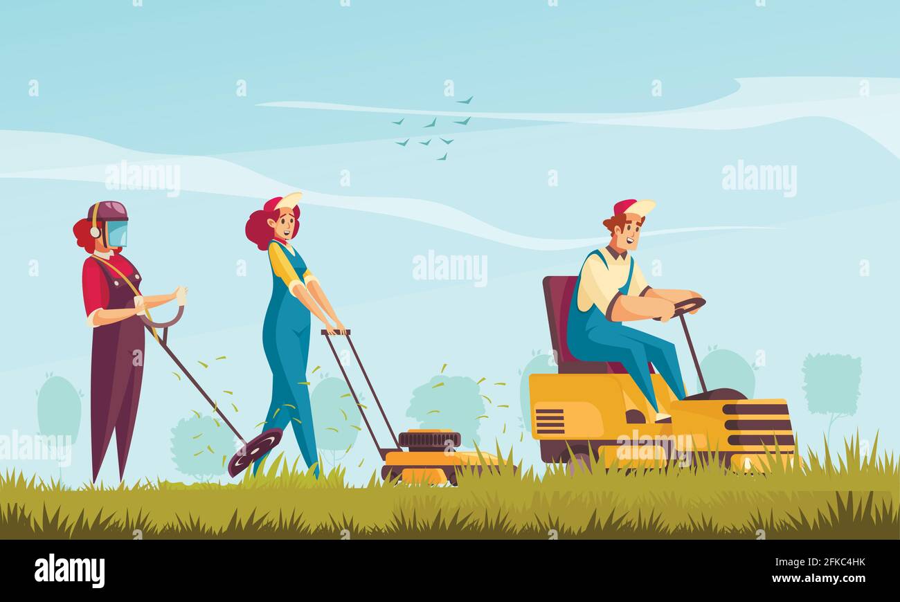 Lawn cutting background with special equipment symbols flat vector ...